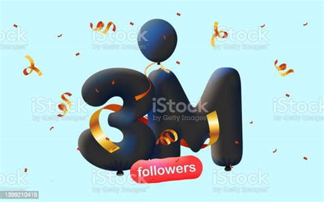 3m 추종자가있는 배너는 3d 검은 풍선과 다채로운 색종이의 형태로 감사합니다 벡터 일러스트 레이 션 3d 숫자 소셜 미디어 3000000 추종자 감사 3차원 형태에 대한
