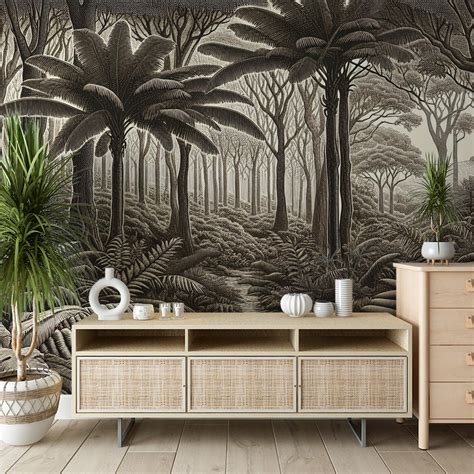 Beige Jungle Mural Wallpaper Massive Leaves And Tall Trees — Wondermural