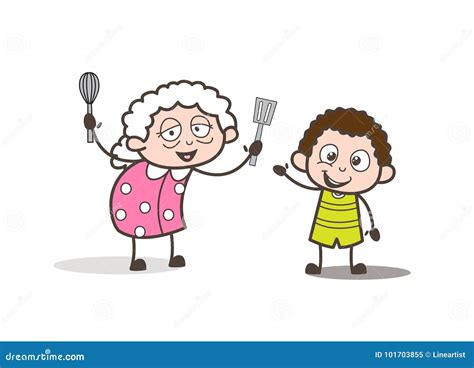 Karikatur Lustige Oma Die Mit Kleiner Enkel Vektor Illustration Spielt