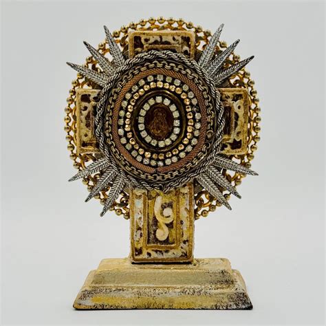 Standing Cast Iron Assemblage Cross With Vintage Mexican Sacred Heart