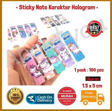 100 Pembatas Buku Sticky Note KARAKTER Hologram Penanda Buku Tempel