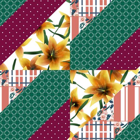 Patchwork Seamless Floral Orange Lilly Pattern Texture Background Stock Illustration