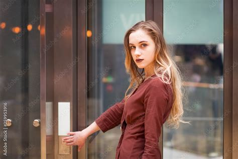 Beautiful Woman Calls The Elevator In The Mall Girl Waiting Elevator
