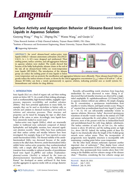 Pdf Surface Activity And Aggregation Behavior Of Siloxane Based Ionic