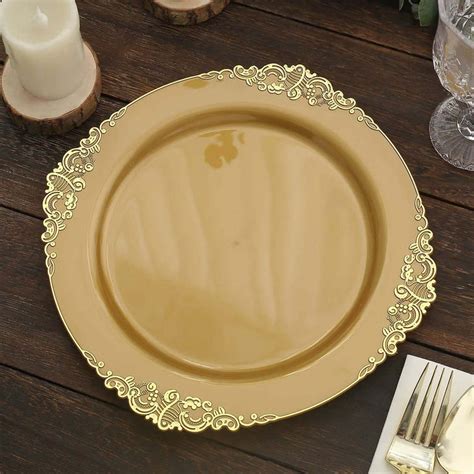 Leaf Embossed Rim Plastic 10 Dinner Plates Gold Efavormart