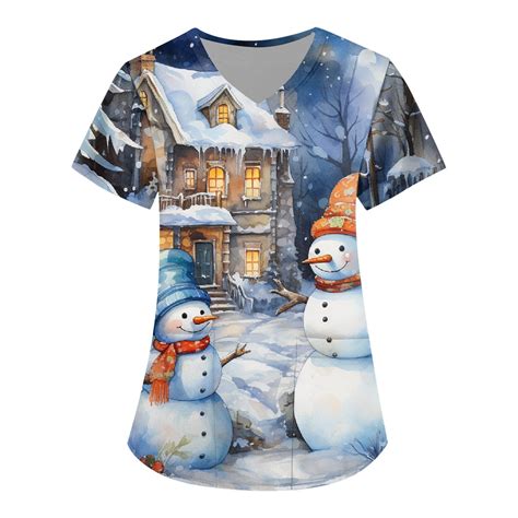 Ydkzymd Christmas Scrubs Tops For Women Print T Tree V Neck Snowman