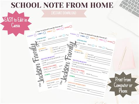 School Note Printable Instant Download Excuse Note School Note From Mom