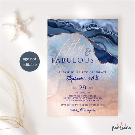 50th Birthday Invitation Template Navy Blue And Gold Etsy