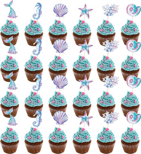 Amazon.com: 24Pcs Mermaid Cupcake Toppers Mermaid Theme Party Cake Decorations,Glitter Mermaid ...