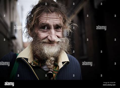 Street Photography A Portrait Of A Sweet Smiling Old Homeless Man With
