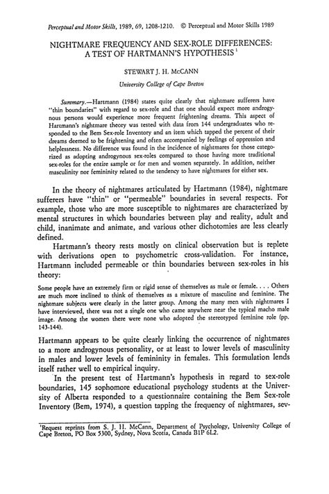 Pdf Nightmare Frequency And Sex Role Differences A Test Of Hartmann