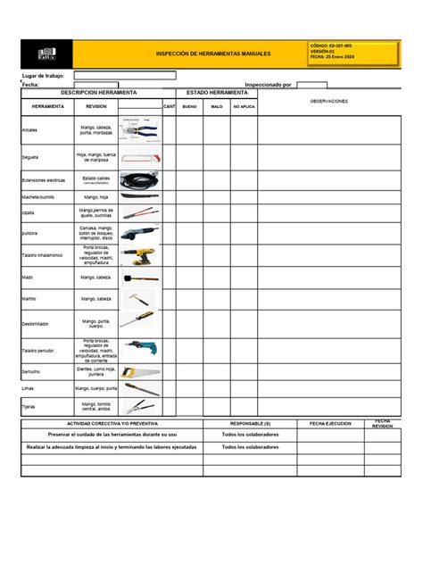 Inspección De Herramientas Manuales Pdf Perforar Herramientas