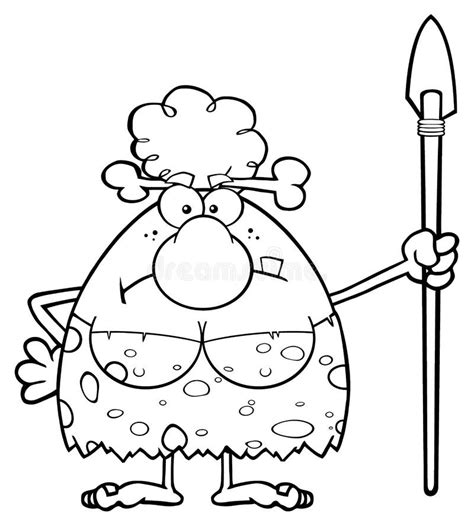 Black And White Angry Cave Woman Cartoon Mascot Character Standing With