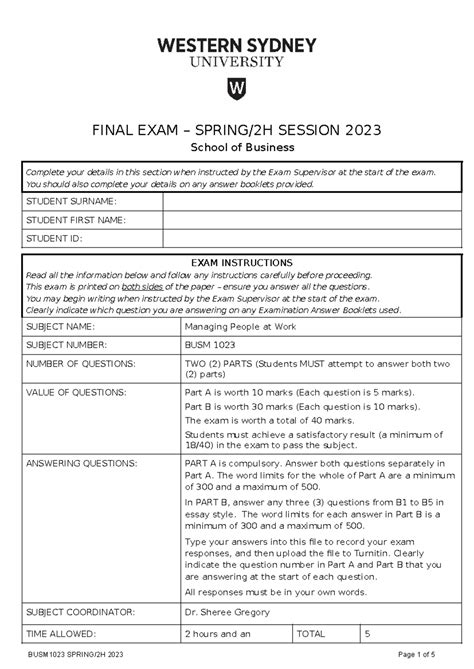 Main Exam Spring 2H 2023 MPW BUSM1023 Approved FINAL EXAM SPRING 2H SESSION 2023 Babe Of
