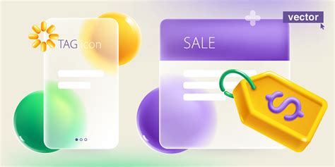 달러 기호 리본 로딩 아이콘 및 구체가 있는 사실적인 3d 판매 라벨 태그가 있는 Glassmorphism 스타일의 투명한 프레젠테이션 화면 3차원 형태에 대한 스톡 벡터