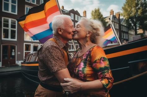 Um Casal Se Beijando Na Frente De Um Barco Uma Bandeira Do Arco