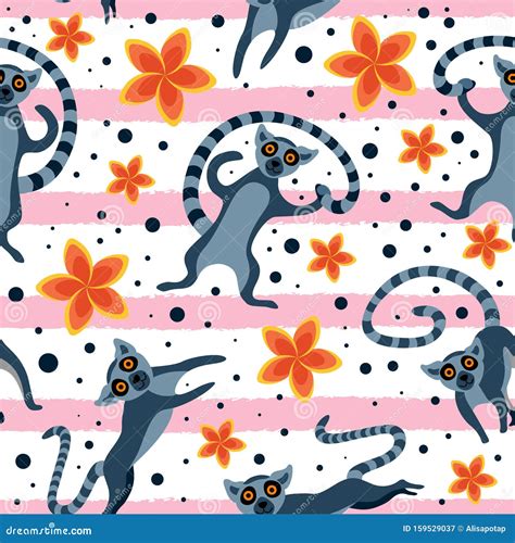 Seamless Pattern With Cute Lemurs With Flowers Stock Vector