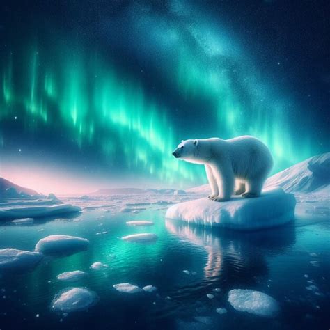 背景にオーロラ・ボレアリスが映っている氷の上にある北極熊 プレミアム写真