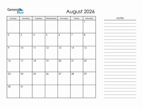 Printable Monthly Calendar With Notes August 2026