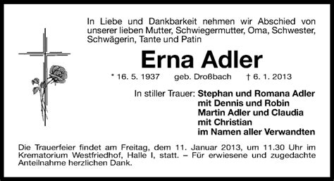 Traueranzeigen Von Erna Adler Trauer Nn De