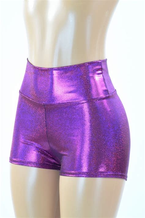 Fuchsia Sparkly Jewel Holographic High Waist Booty Shorts Rave
