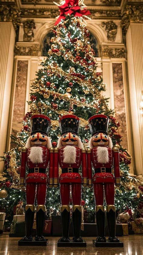 Decorative Nutcracker Soldiers Standing In Front Of A Festively Adorned