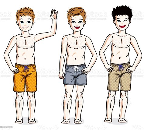 작은 소년 유행 비치 반바지를 입고 서 있는 벡터 다양성 아이 일러스트 세트 감정에 대한 스톡 벡터 아트 및 기타 이미지 감정 긍정적인 감정 표현 나이 Istock