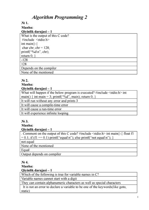 Algorithm Programming 2 Manba Qiyinlik Darajasi 1 What Is The Output Of This C Code