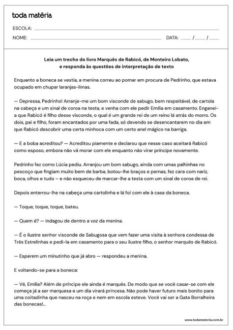 Atividades De Interpretação De Texto Para 4º Ano Toda Matéria