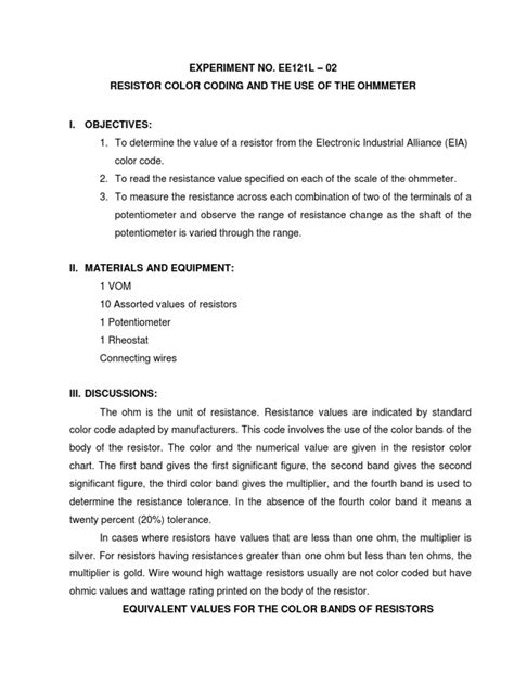 Experiment No 2 Resisotor Color Coding And Use Of Ohmmeter Pdf