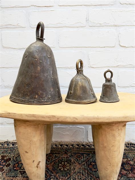 Vintage Set Of 3 Brass Bells Rustic African Hand Made Bells 8 Inch To
