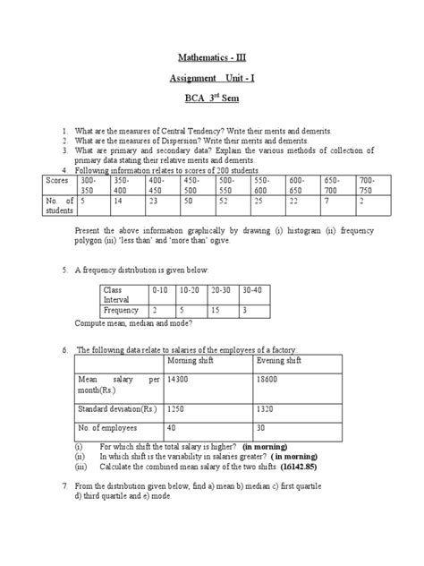 Assignment Unit I | PDF | Mean | Standard Deviation