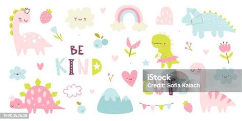 귀여운 소녀 공룡 세트 여자 아기를 위한 순진한 분홍색 공룡 컬렉션 추상 벡터 공룡 소녀 스티커 번들입니다 개체 그룹에 대한 스톡 벡터 아트 및 기타 이미지 Istock