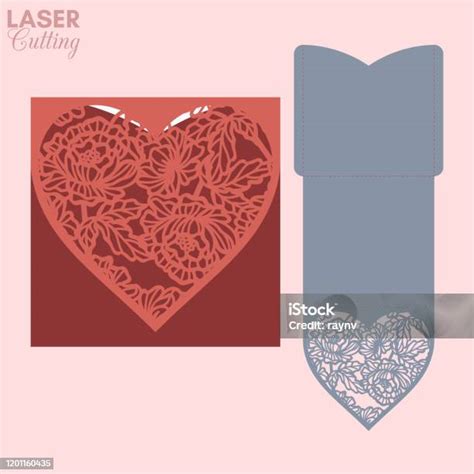 모란 꽃과 잎 패턴 하트와 레이저 컷 포켓 봉투 절단용 템플릿입니다 레이스 하트와 결혼식 초대또는 발렌타인 인사말 카드 모형 0명에 대한 스톡 벡터 아트 및 기타 이미지