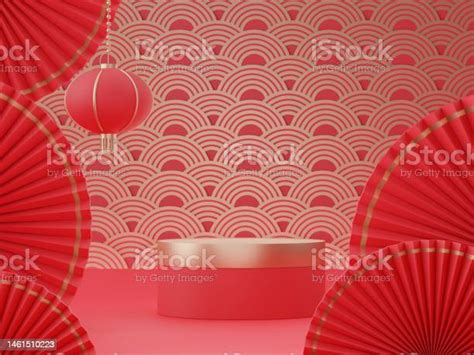 중국 음력 새해 테마로 빈 연단의 최소 장면의 3d 렌더링 제품 프리젠 테이션 모형을위한 디스플레이 스탠드 중국 전통 질감 2021년에 대한 스톡 사진 및 기타 이미지