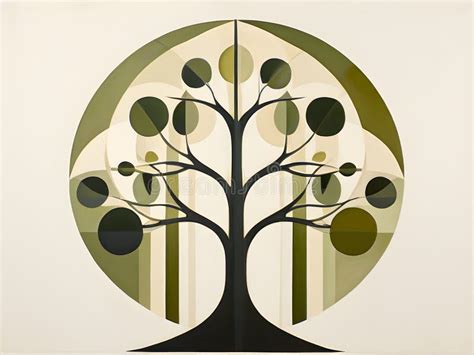 Abstract Geometric Tree With A Circular Canopy And A Rectangular Trunk In Limited Color Palette