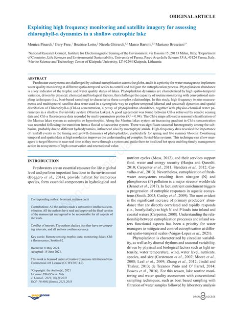 Pdf Exploiting High Frequency Monitoring And Satellite Imagery For Assessing Chlorophyll A