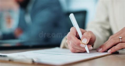 Hands Writing And Clipboard At Meeting Documents And Business People