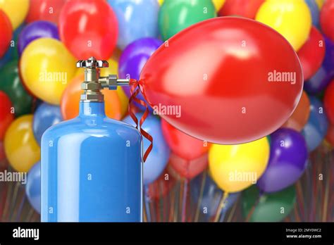 Helium Tank With Compressed Helium Inflating Colored Balloons For