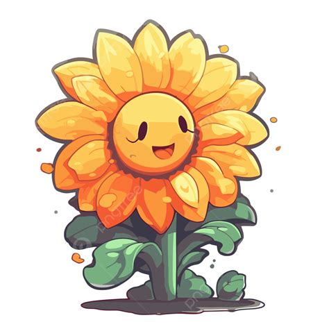 รูปการ์ตูนดอกทานตะวันยิ้มนั่งอยู่บนพื้นดินภาพตัดปะ เวกเตอร์ Png