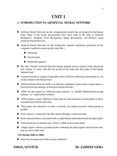 Unit 1 1 Introduction To Artificial Neural Network Pdf Artificial Neural Network