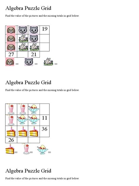 Algebra Puzzle Grid Find The Value Of The Pictures And The Missing Totals In Grid Below Pdf