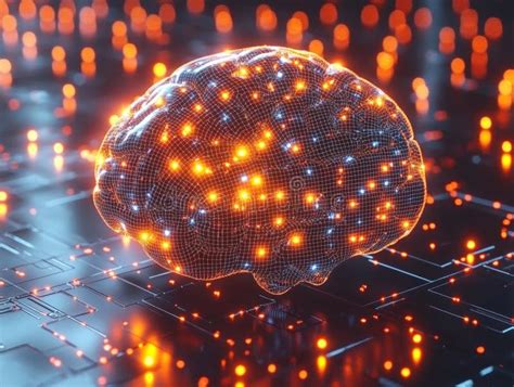 Glowing Orange Digital Brain Visualization on a Circuit Board Symbolizing Data Processing AI and ...