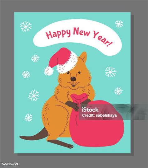 새해 복 많이 받으세요 엽서 모형과 사랑스러운 쿼카 플랫 벡터 12월 31일에 대한 스톡 벡터 아트 및 기타 이미지 12월 31일 겨울 공휴일 Istock
