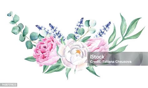 수채화 꽃다발 흰색과 분홍색 모란 라벤더 유칼립투스 흰색 배경에 격리된 손으로 그린 그림 인사말 카드 청첩장 날짜 저장 섬유 및 벽지 인쇄에 사용할 수 있습니다 개화기에