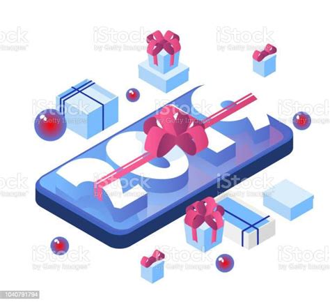 스마트폰 2019입니다 흰색 바탕에 새 해 선물 아이소메트릭 3d 나비매듭에 대한 스톡 벡터 아트 및 기타 이미지 나비매듭