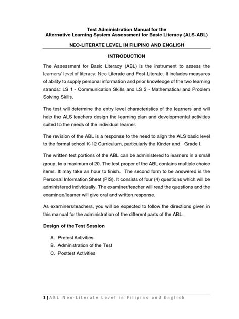 Abl Test Manual Neo Literate Filipino English Download Free Pdf Educational Assessment