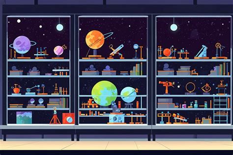 Astronomy Lab Section With Planet Models And Telescopes Vector