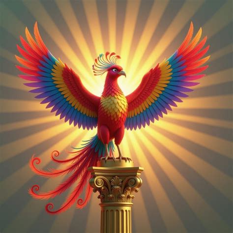 Rainbow Phoenix Vibrant Rainbow Phoenix On Gold Post In 3d