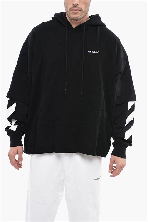 Off White Permanent Double Layer Diag Helvetica Hoodie Men Glamood Outlet
